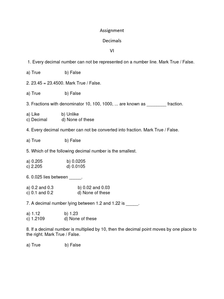 Assignment On Decimals | PDF