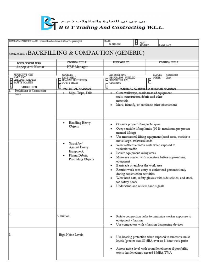 Backfilling Compaction JSA | PDF | Personal Protective Equipment | Safety