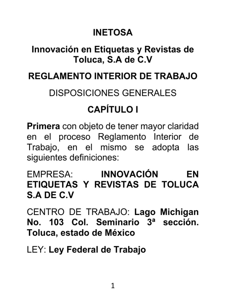 Reglamento de Trabajo INETOSA | PDF | Regulación | Gestión de recursos ...