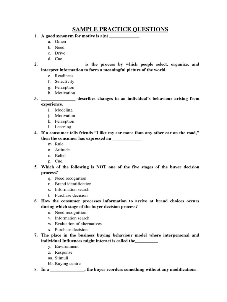 Sample Practice Questions | PDF | Consumer Behaviour | Behavior