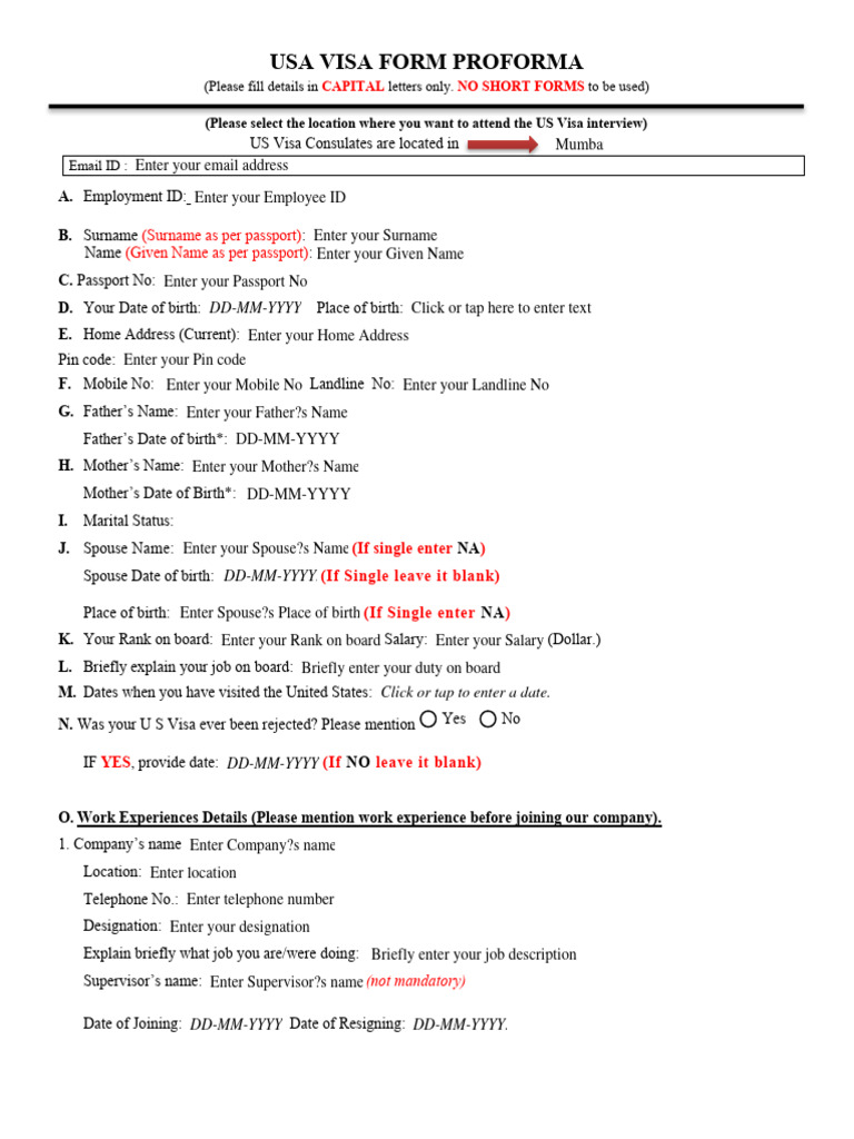 BLANK US Visa Application Proforma - Mar 23 | PDF | Travel Visa | Crimes