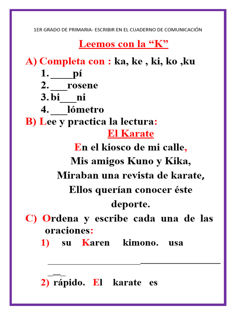 Lectura y actividades con la letra K | PDF | Artes del Lenguaje y ...