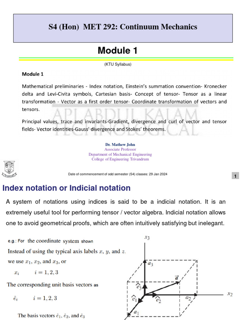 Continuum Mechanics - Module 1 All | PDF | Tensor | Vector Space