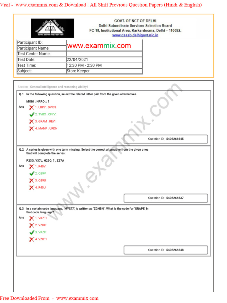 DSSSB Store Keeper Question Paper 2021 ExamMix | PDF | Linguistics