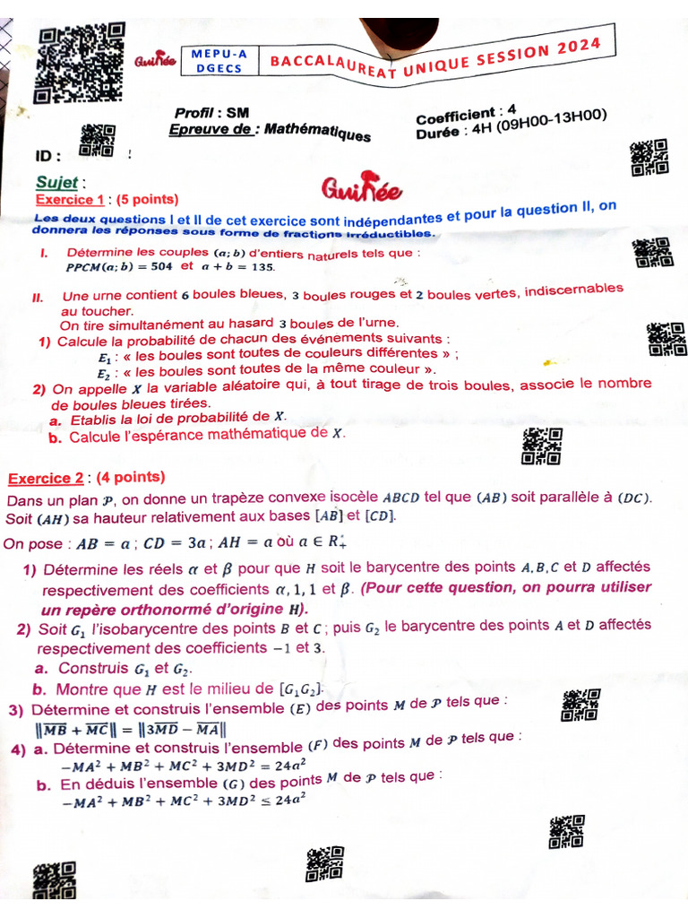 Sujet de Mathématique SM Bacc 2024 | PDF