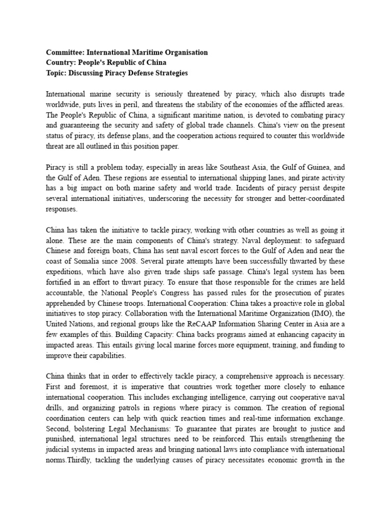 HMUN 10TH SESS POSITION PAPER - IMO - China - Kien Tran | PDF | Piracy | Red Sea