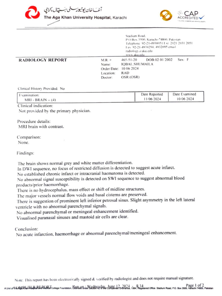 MRI Report Shumaila Iqbal | PDF