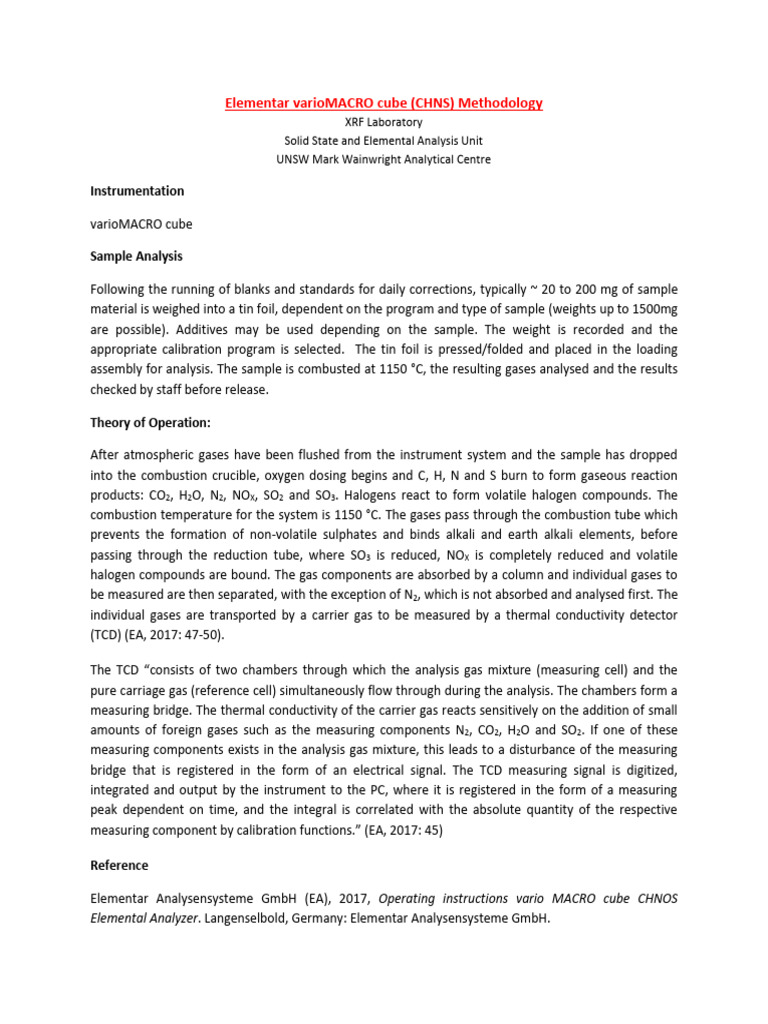 Elementar Variomacro Chns Methodology 0 | PDF | Gases | Combustion