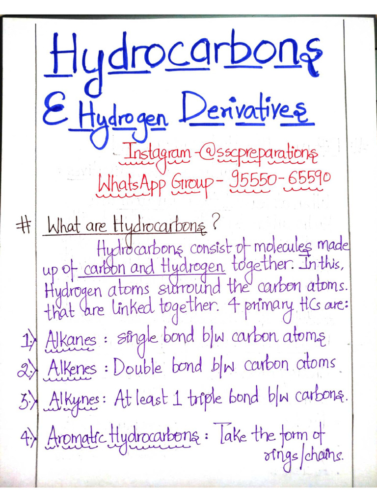 Hydrogen and Hydrocarbon Derivatives Chemistry Sample Notes | PDF