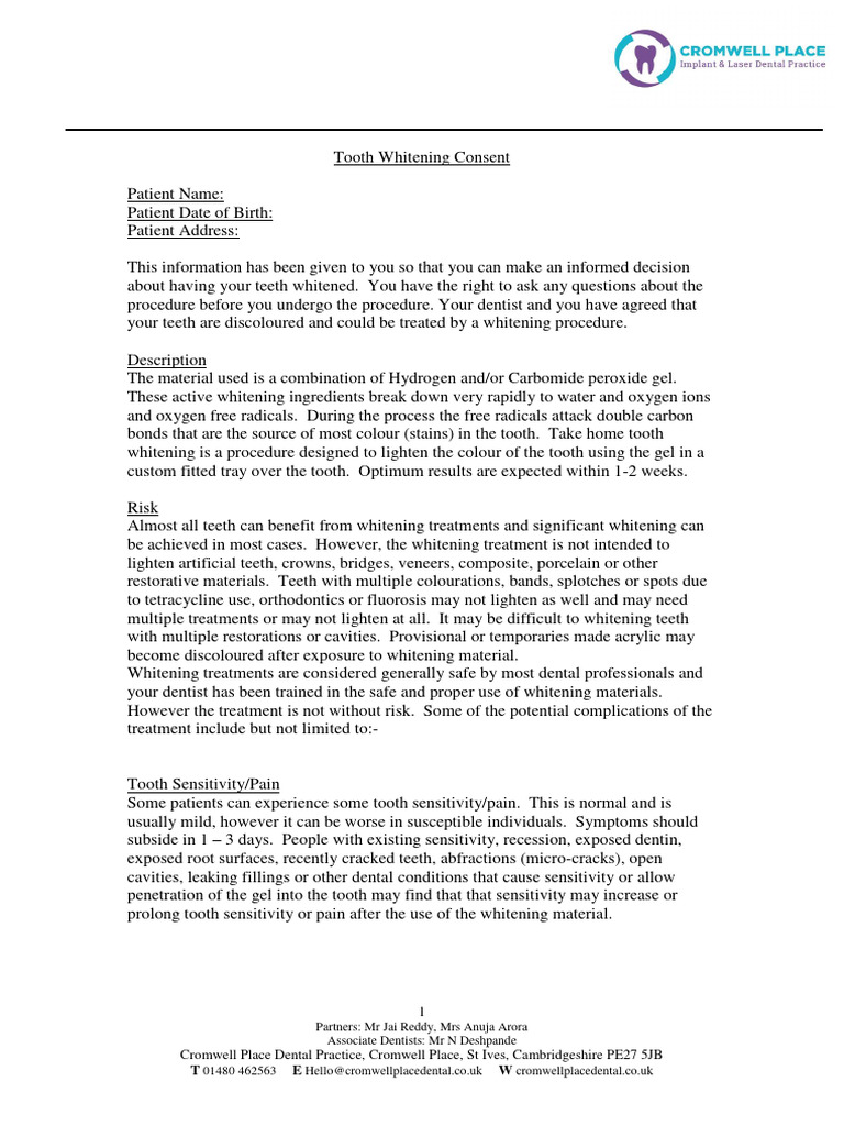 Consent Form For Teeth Whitening | PDF | Mouth | Dentistry