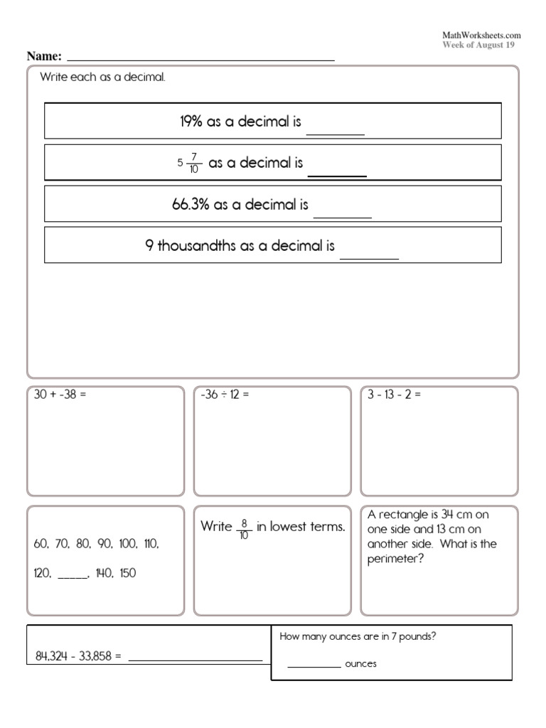 MathWorksheetsGrade6 8 19 | PDF