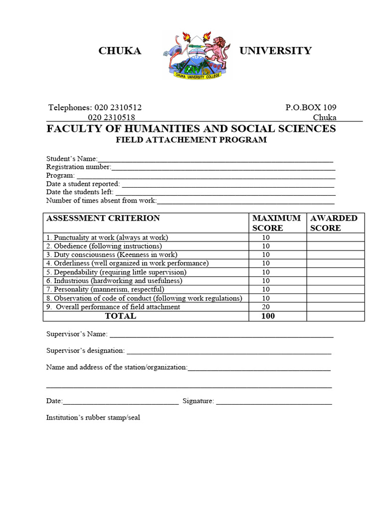 Chuka University Field Attachment Assessment | PDF