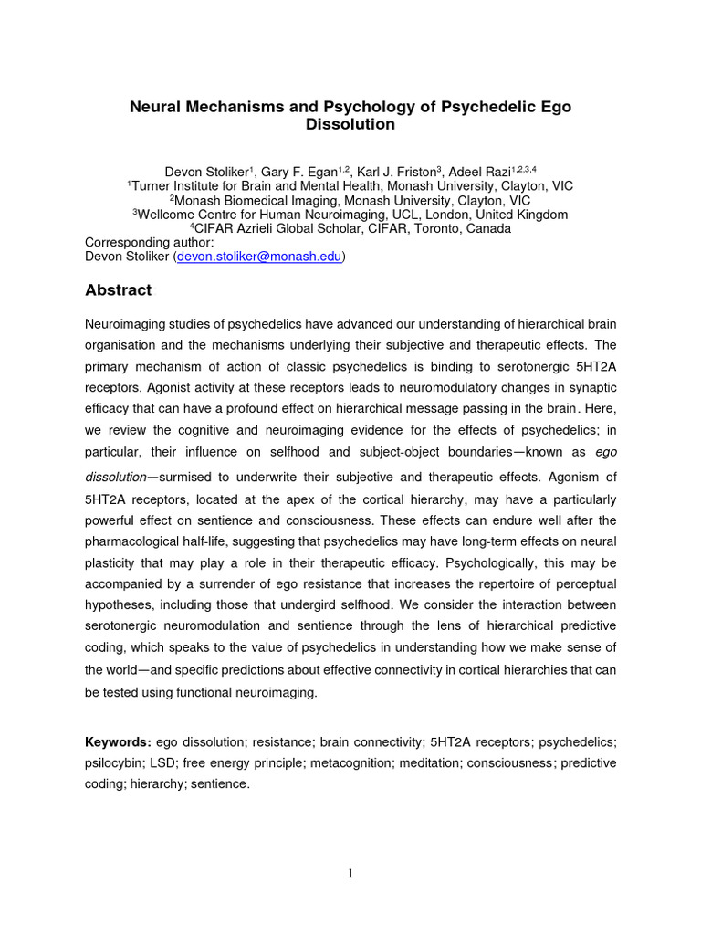 Neural Mechanisms and Psychology of Psychedelic Ego Dissolution | PDF ...