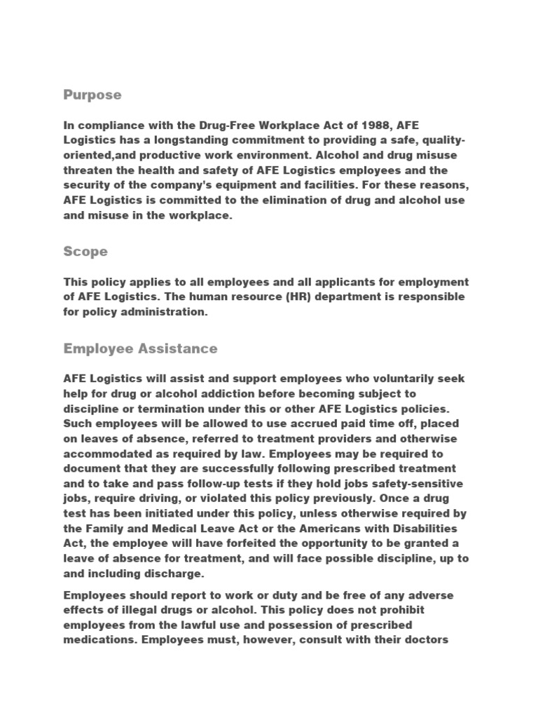 Drug & Alcohol Policy AFE Logistics | PDF | Drug Test | Driving Under ...