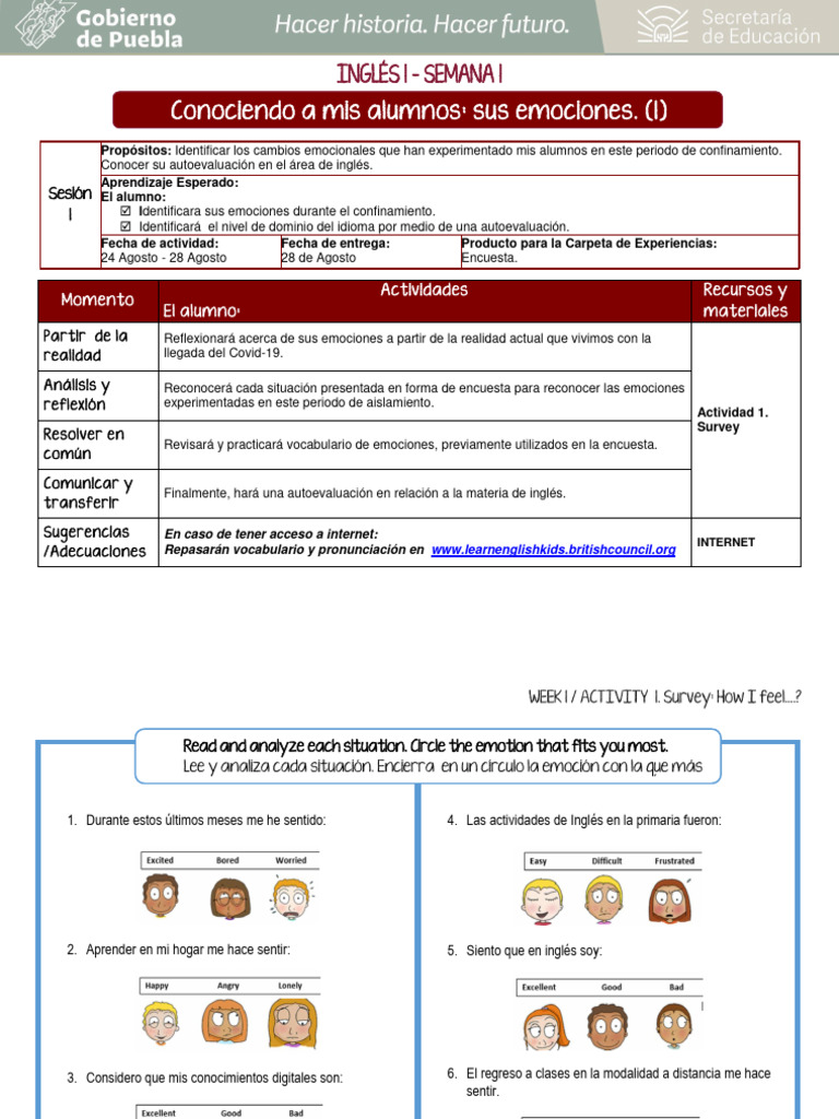 Cuadernillo de Aprendizaje - Inglés 1 Semana 1 | PDF | Cognición ...