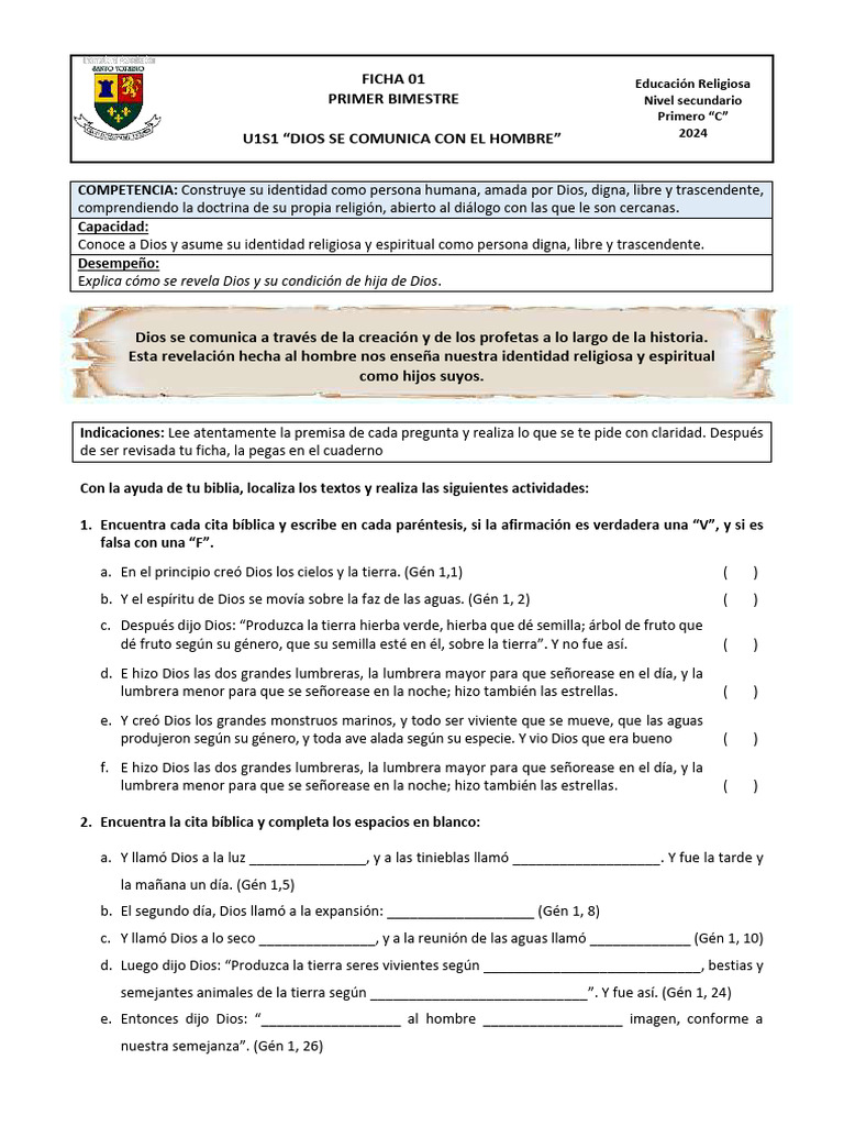 U1S1 FICHA Dios Se Comunica Con El Hombre LA CREACION | PDF | Dios | Creencia religiosa y doctrina