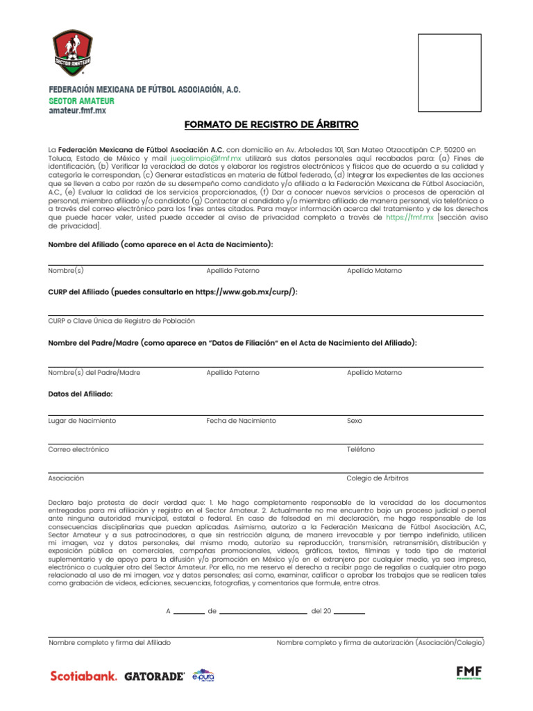 Formato de Afiliaci - N Arbitro Formulario | PDF