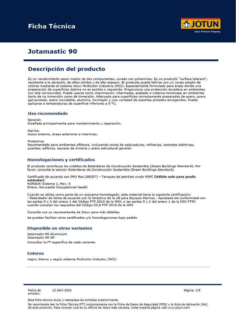 Ficha Técnica Jotamastic 90 Epoxi | PDF | Abrasivo | Acero
