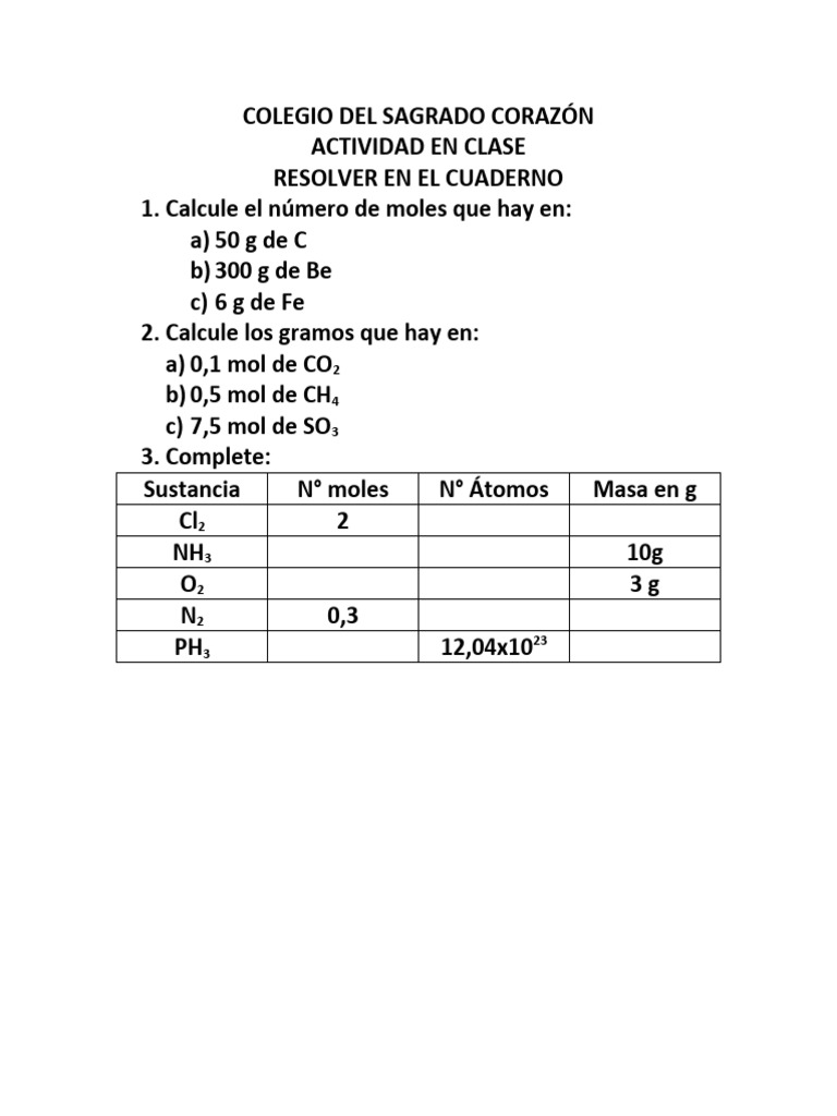 Taller Moles y Número de Avogadro | PDF