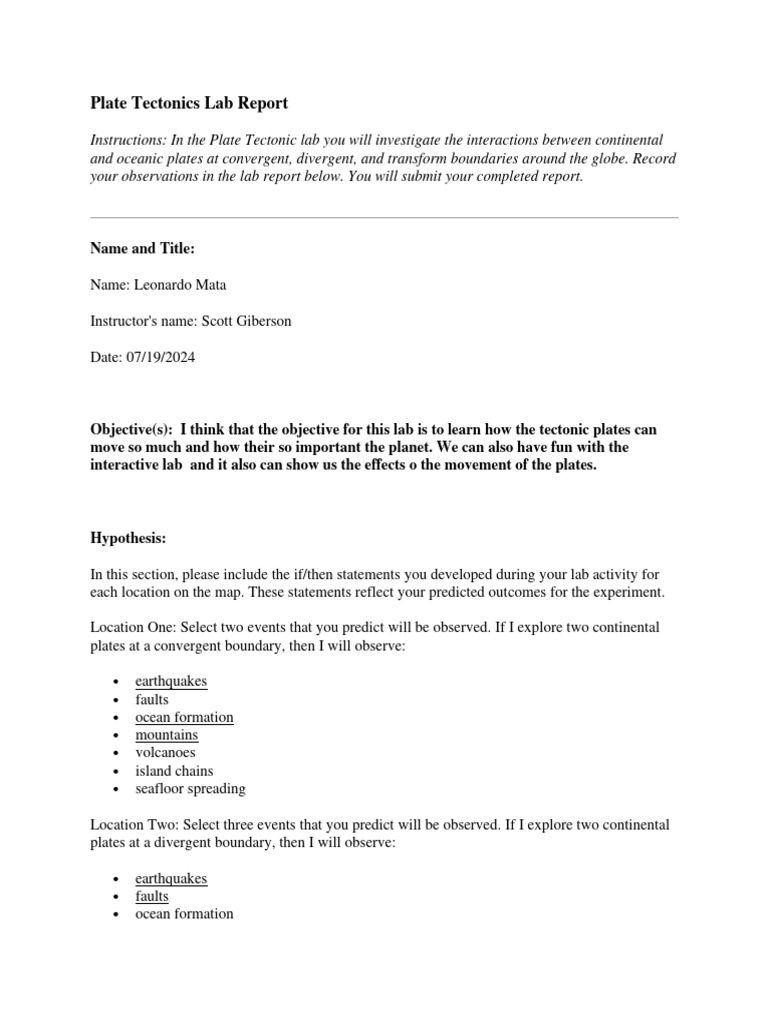Observations of Plate Boundaries Lab | PDF | Plate Tectonics | Natural ...