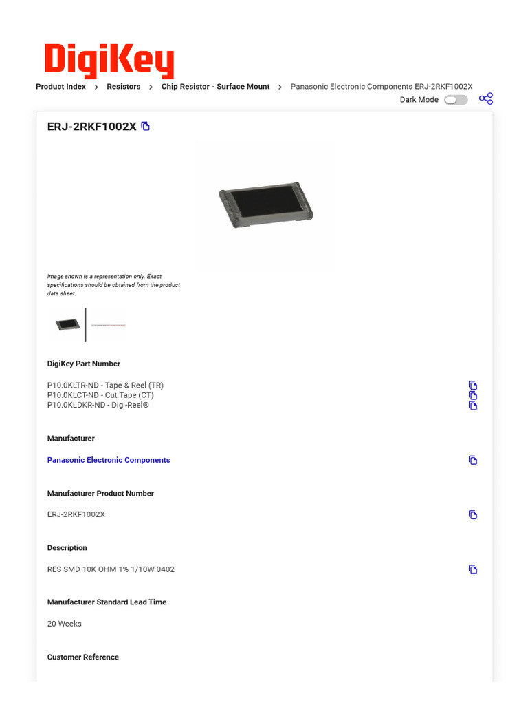 Panasonic Electronic Components ERJ-2RKF1002X | PDF | Resistor | Electrical Engineering