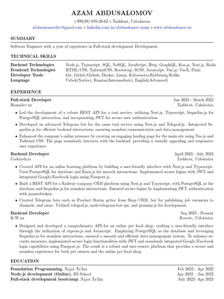 Azam Abdusalomov CV | PDF | Postgre Sql | Computing