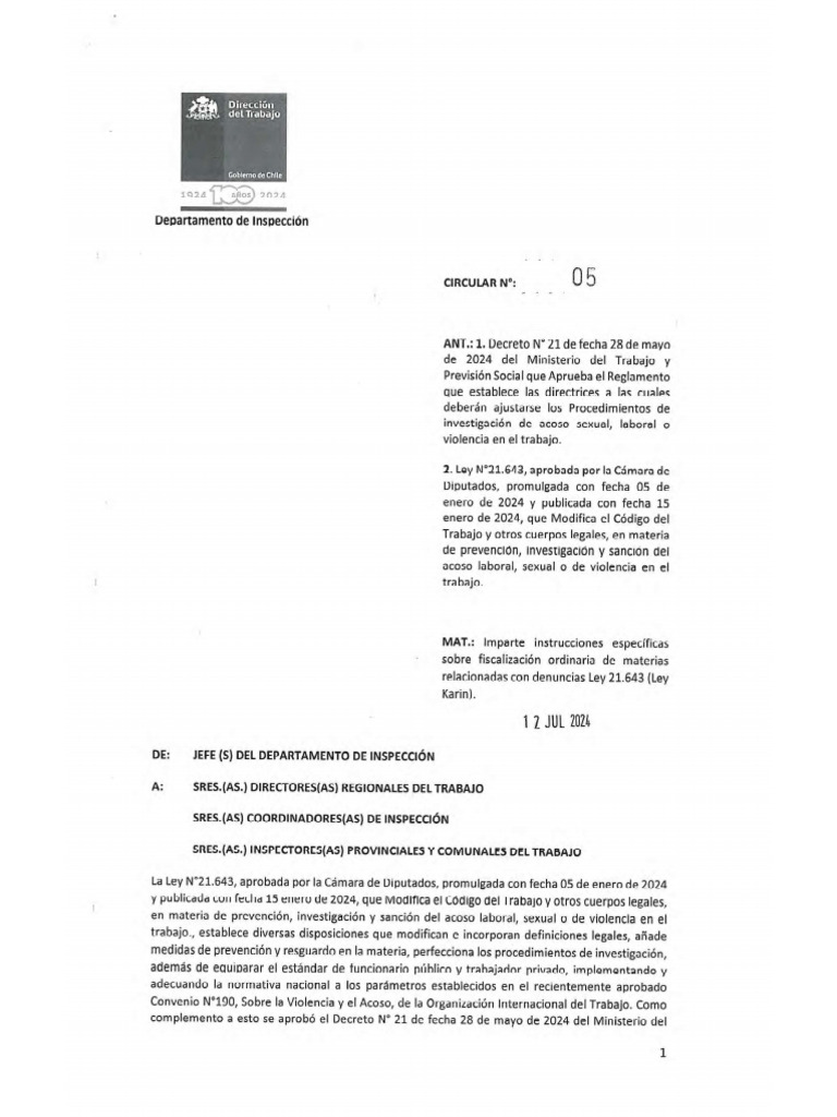 Circular Reglamento Interno Ley Karin | PDF