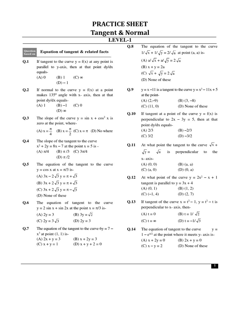 Tangent & Normal | PDF | Tangent | Slope