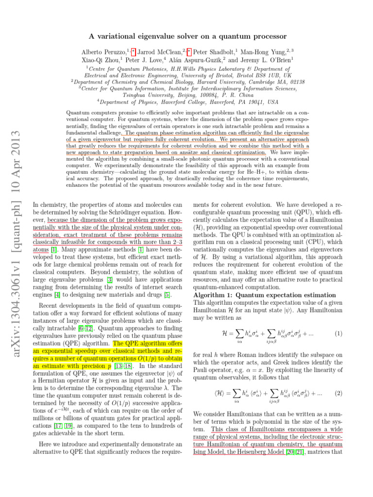 A Variational Eigenvalue Solver On A Quantum Processor | PDF | Quantum ...