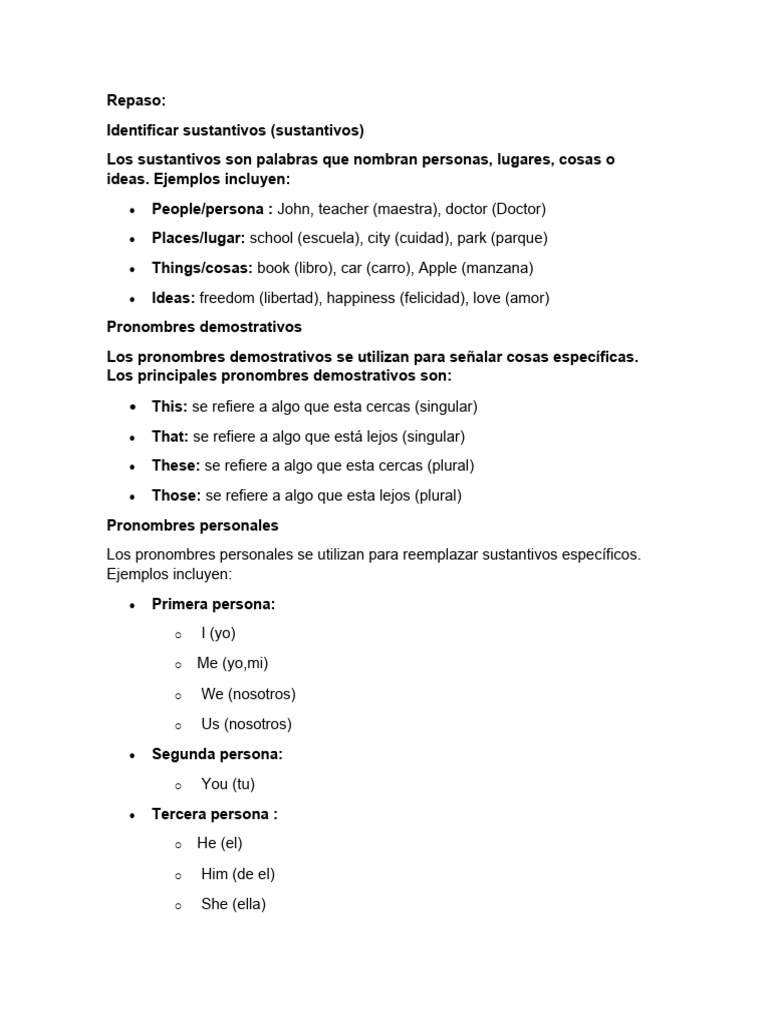 Repaso Tarea de Pro Nombres Sustantivos y Pronombres Demostrativos ...