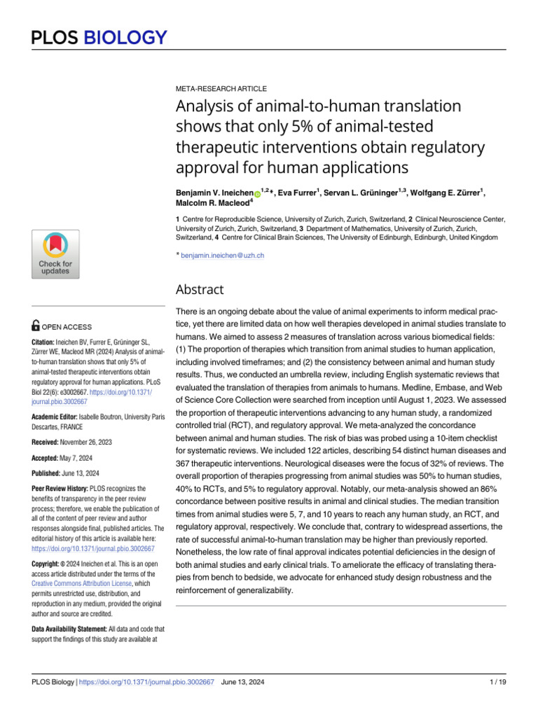 Analysis of Animal-To-human Translation Shows That Only 5% of Animal ...