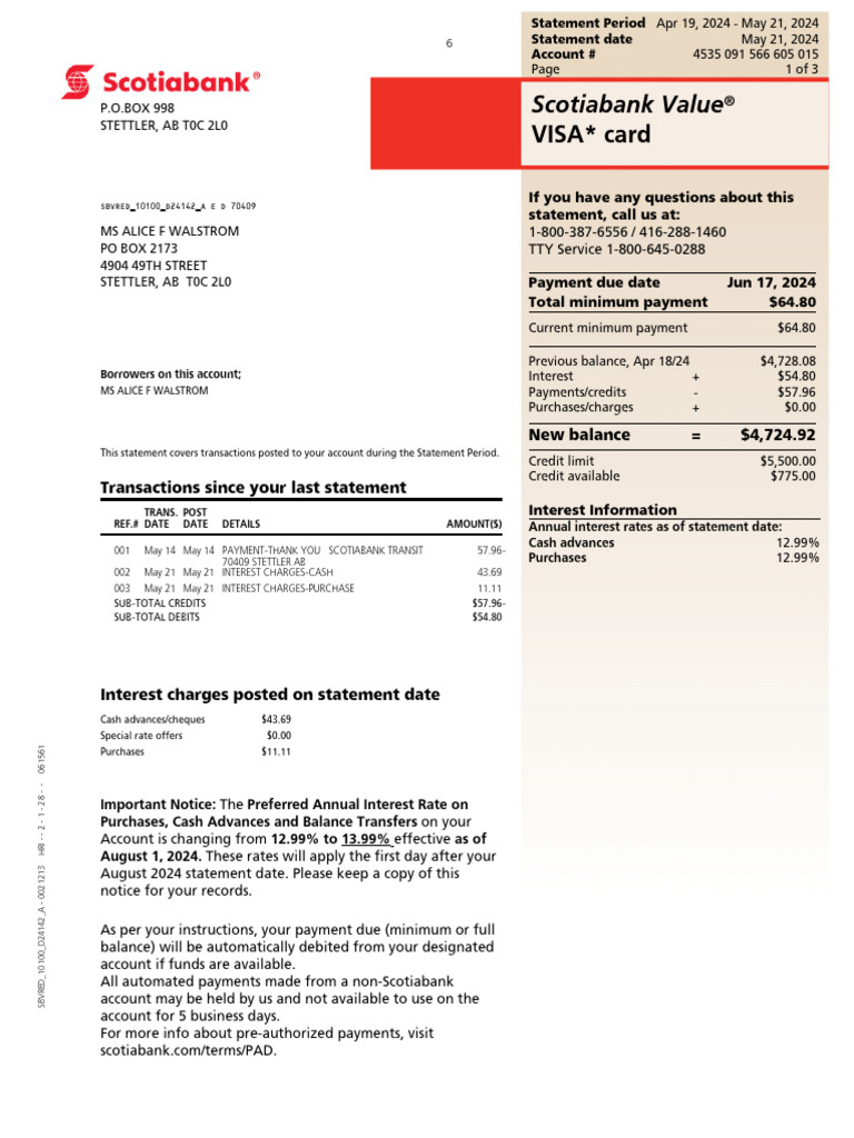Scotiabank Card Statement 2024 | PDF | Credit Card | Payments