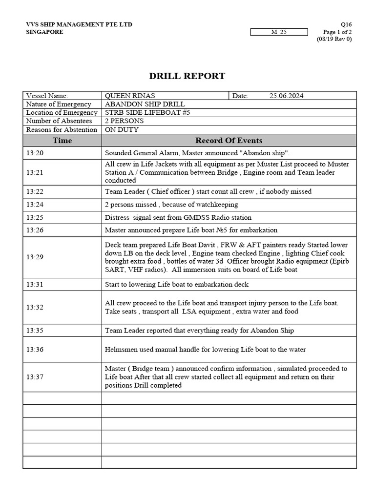 Abandon Ship Drill Report - Queen Rinas | PDF | Watercraft | Water ...