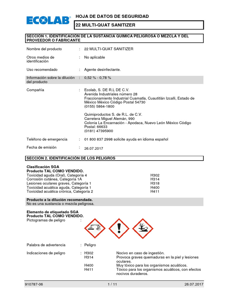 22 Multi-Quat Sanitizer - Hoja de Seguridad | PDF | Reciclaje | Residuos