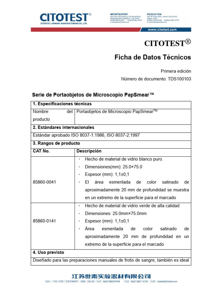 Technical Data Sheet of PapSmear™ Microscope Slides Series (Traducción ...