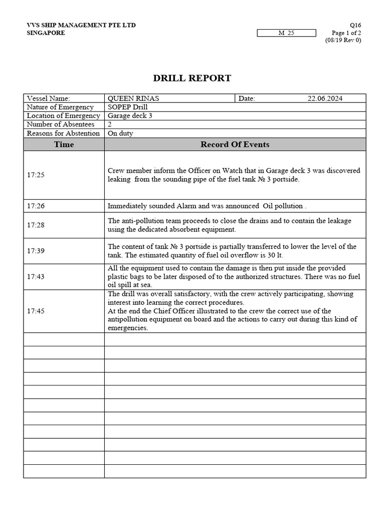 SOPEP Drill Report | PDF | Shipping
