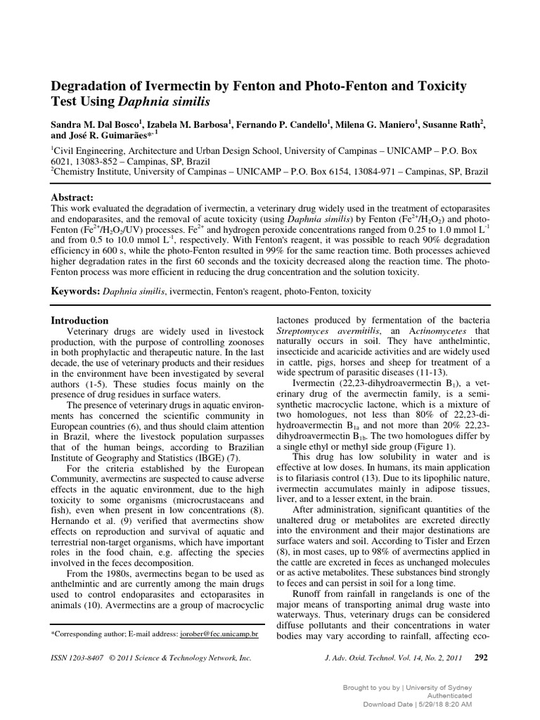 Degradation Of Ivermectin By Fenton And Photo Fenton And Toxicity Test Using Daphnia Similis