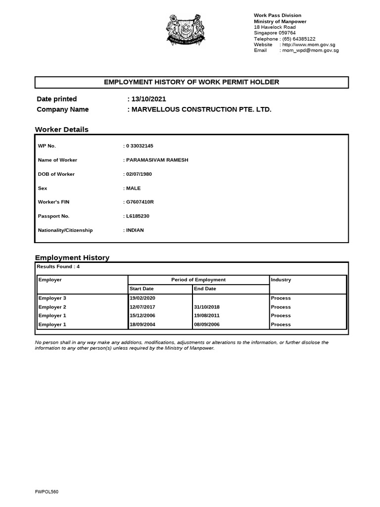 MOM Employment History | PDF