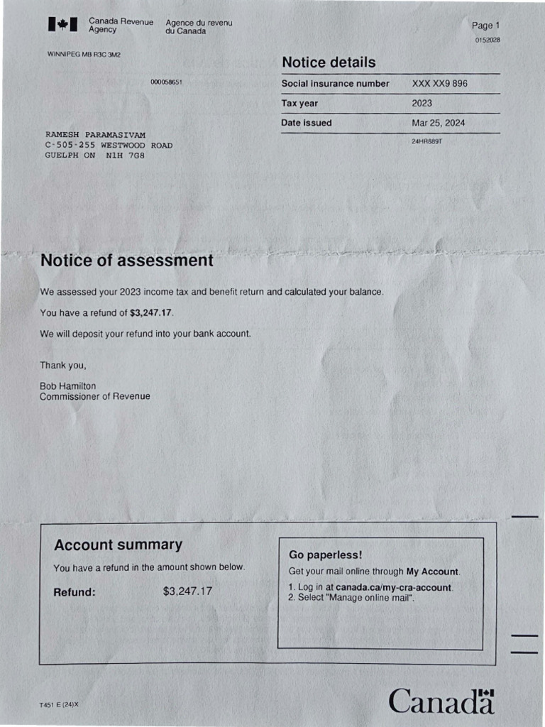 2023 CRA Notice of Assessment Summary | PDF | Tax Refund | Pension