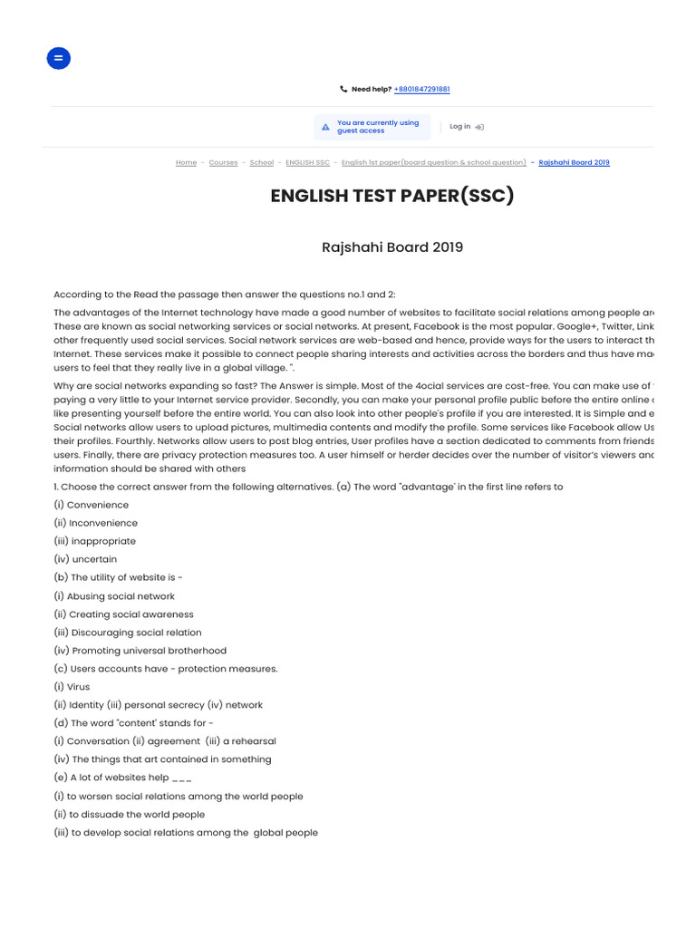 ENGLISH SSC - Rajshahi Board 2019 | PDF | Social Networking Service ...