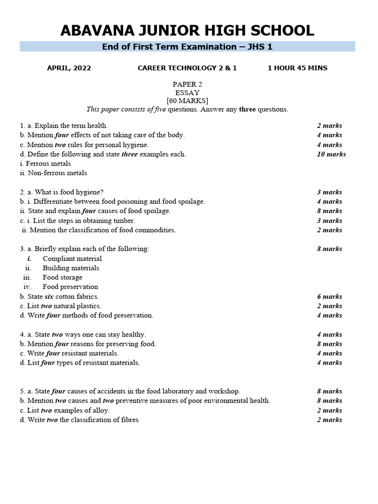 JHS 1 Career Technology Exam Questions | PDF | Foods | Iron