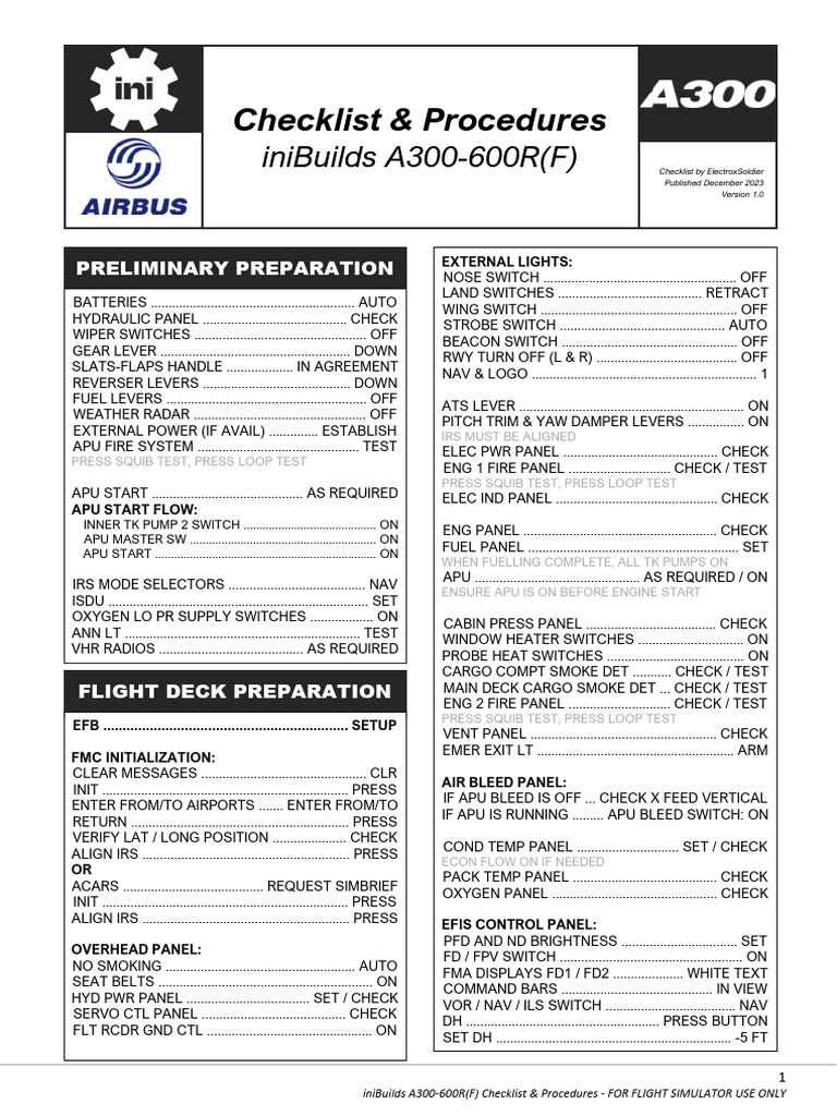 iniBuilds_A300_Checklist_v1.0 | PDF | Takeoff | Cockpit
