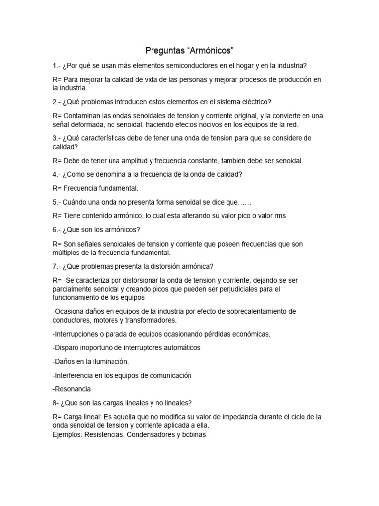 Preguntas Armonicos | PDF | Armónico | Corriente eléctrica
