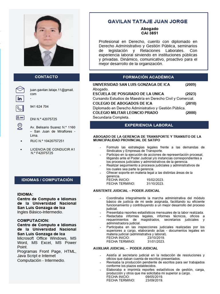 CV - Juan Jorge Gavilan Tataje | PDF | Abogado | Informática