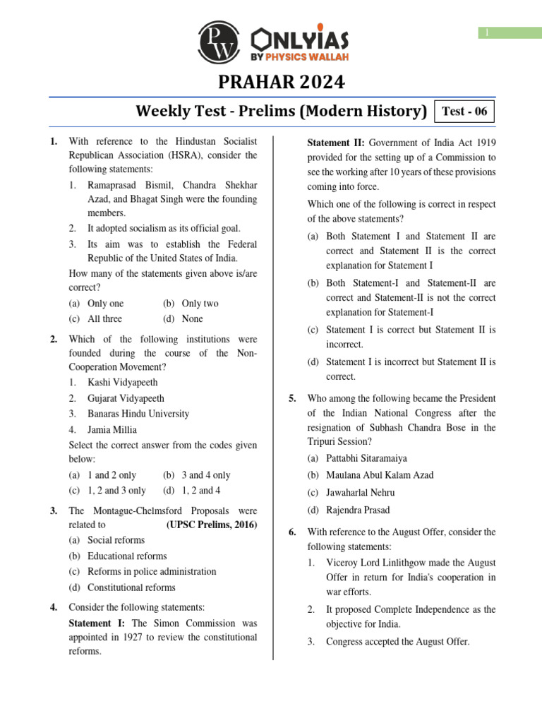 Weekly Prelims Test 06 - (Modern History) - Prahar 2.0 (Hinglish) 2024 ...