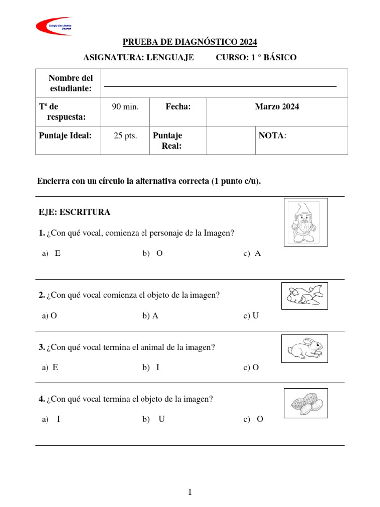 Prueba Diagnóstica Lenguaje 1° Básico 2024 | PDF