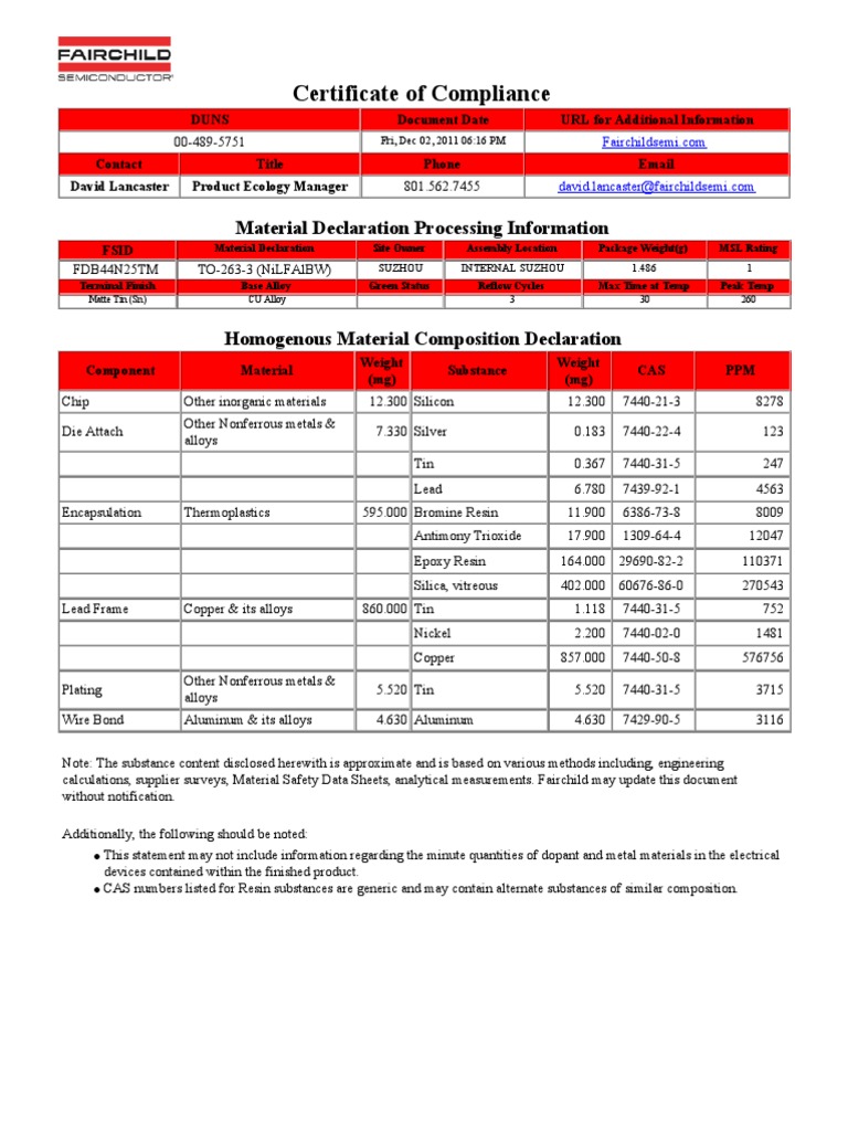 Certificate of Compliance: Material Declaration Processing Information ...