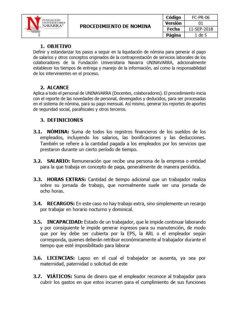 FC PR 06 Procedimiento de Nómina v01 | PDF | Salario | Contador