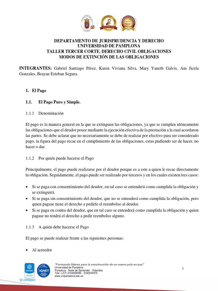 TALLER 2 TERCER CORTE OBLIGACIONES V.Final | PDF | Pagos | Subrogación