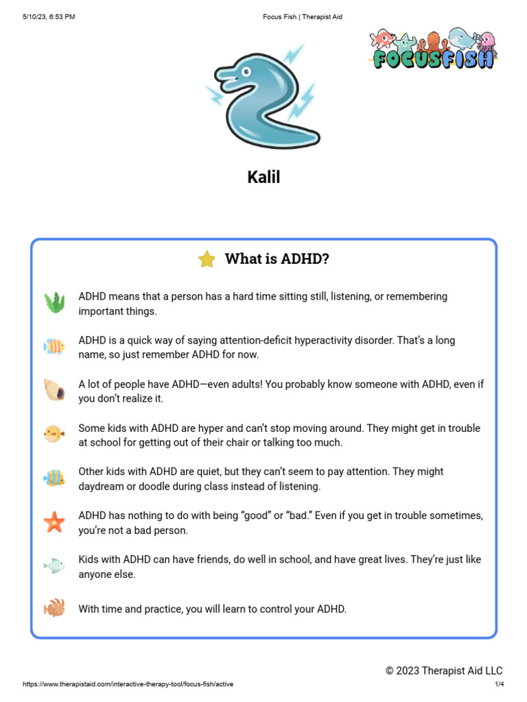 Focus Fish - Therapist Aid | PDF | Attention Deficit Hyperactivity Disorder